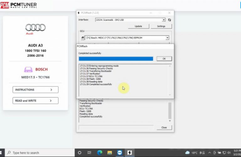 PCMtuner ECU programmer successfully read AUDI A3 Bosch MED17.5 TC1766 ...